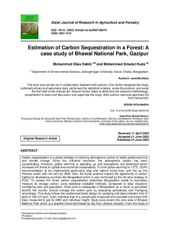 (PDF) Estimation of Carbon Sequestration in a Forest: A case study of Bhawal National Park, Gazipur