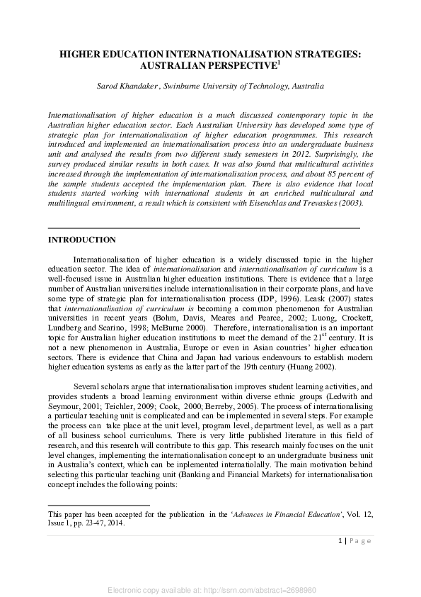 (PDF) Higher Education Internationalisation Strategies: Australian Perspective