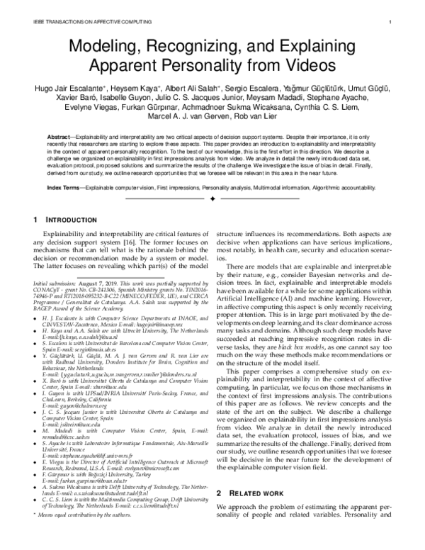 (PDF) Modeling, Recognizing, and Explaining Apparent Personality From ...