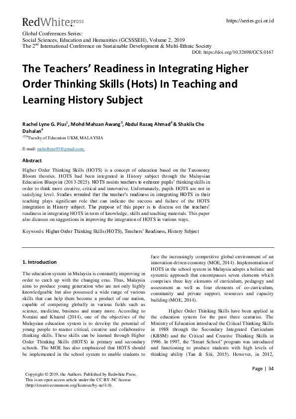 (PDF) The Teachers’ Readiness in Integrating Higher Order Thinking Skills (Hots) In Teaching and ...