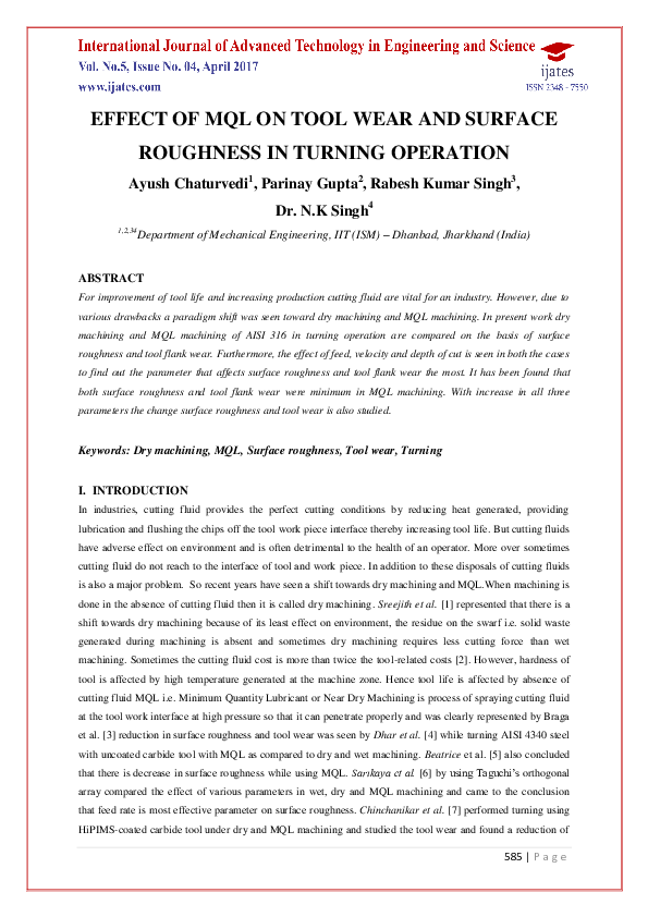 Pdf Effect Of Mql On Tool Wear And Surface Roughness In Turning Operation