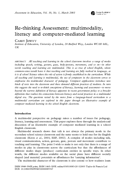 Pdf Re Thinking Assessment Multimodality Literacy And Computer Mediated Learning