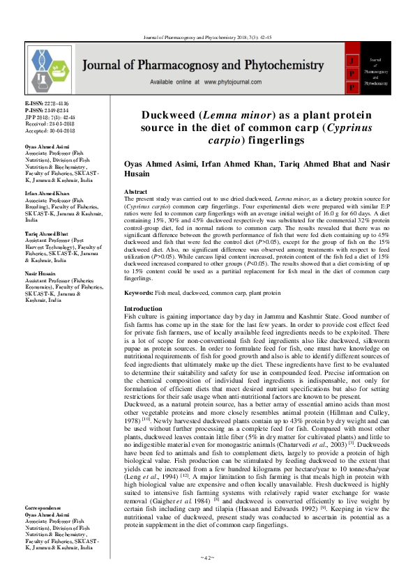 (PDF) Duckweed (Lemna minor) as a plant protein source in the diet of ...