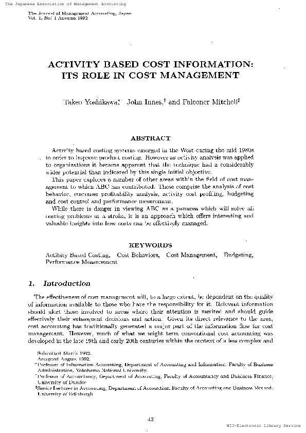 (PDF) Activity Based Cost Information: Its Role In Cost Management