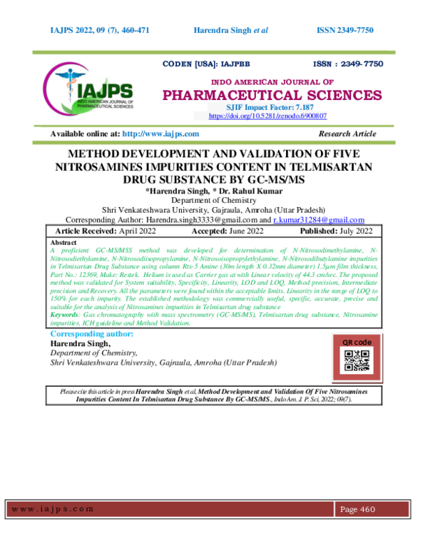 (PDF) METHOD DEVELOPMENT AND VALIDATION OF FIVE NITROSAMINES IMPURITIES CONTENT IN TELMISARTAN ...