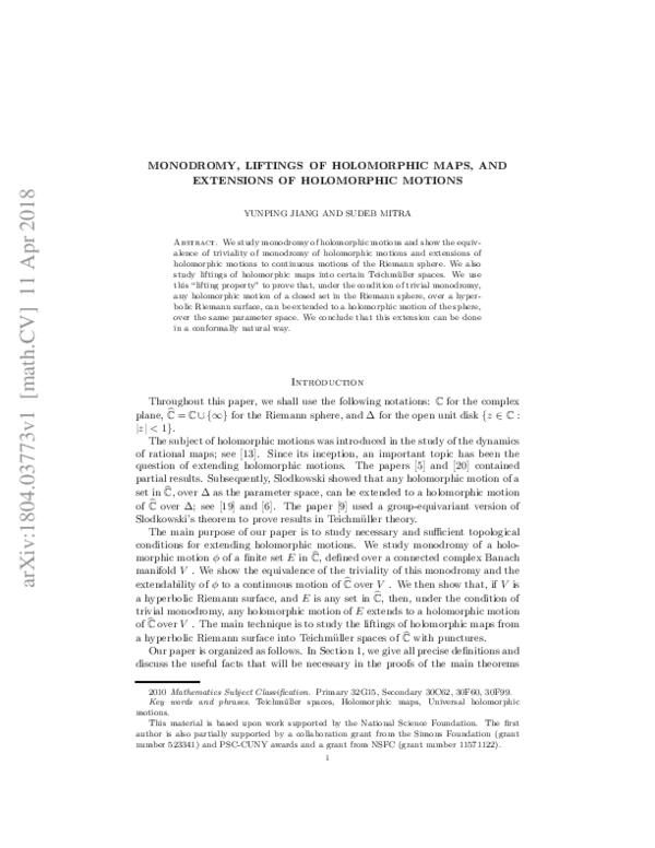 (PDF) Monodromy, liftings of holomorphic maps, and extensions of ...