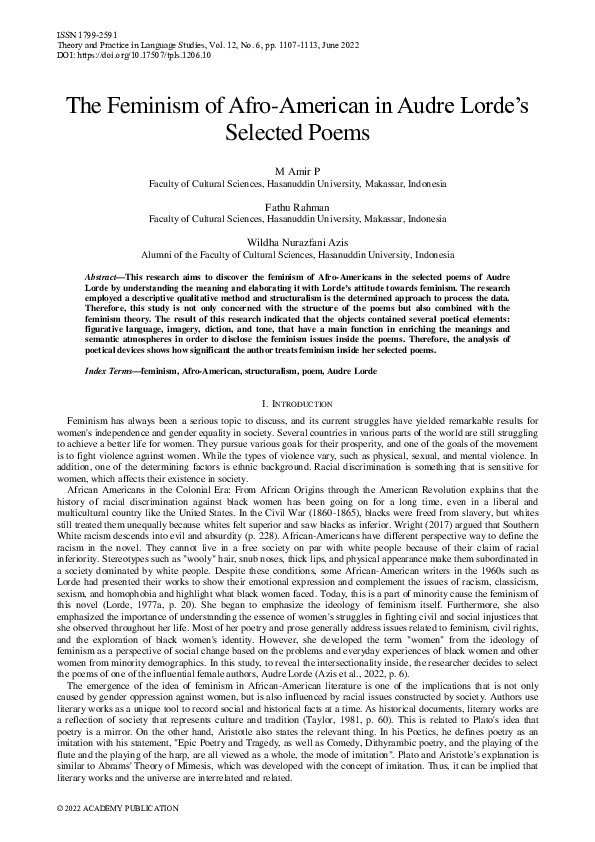 The Feminism of Afro-American in Audre Lorde’s Selected Poems