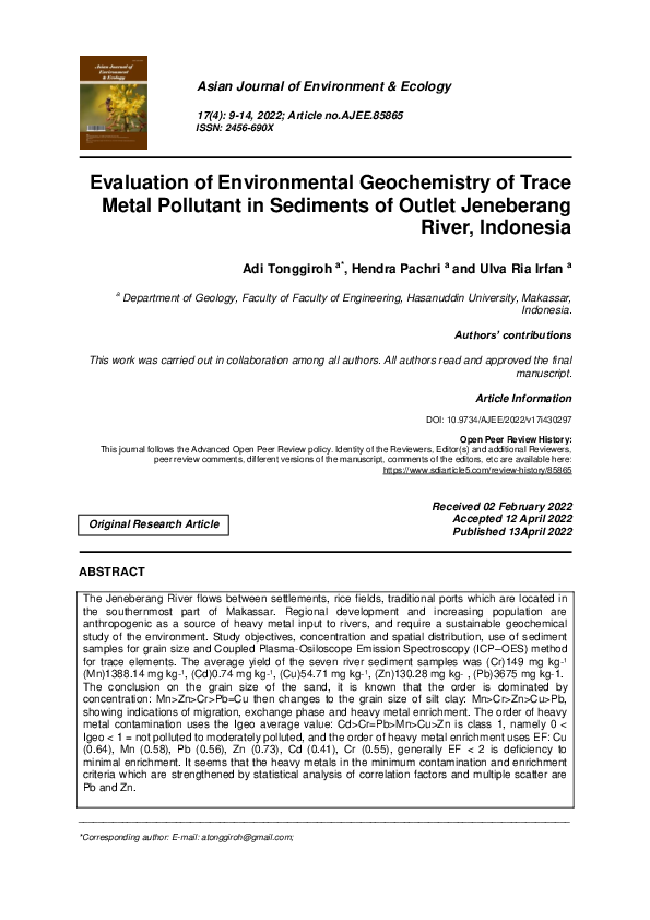 (PDF) Evaluation of Environmental Geochemistry of Trace Metal Pollutant ...