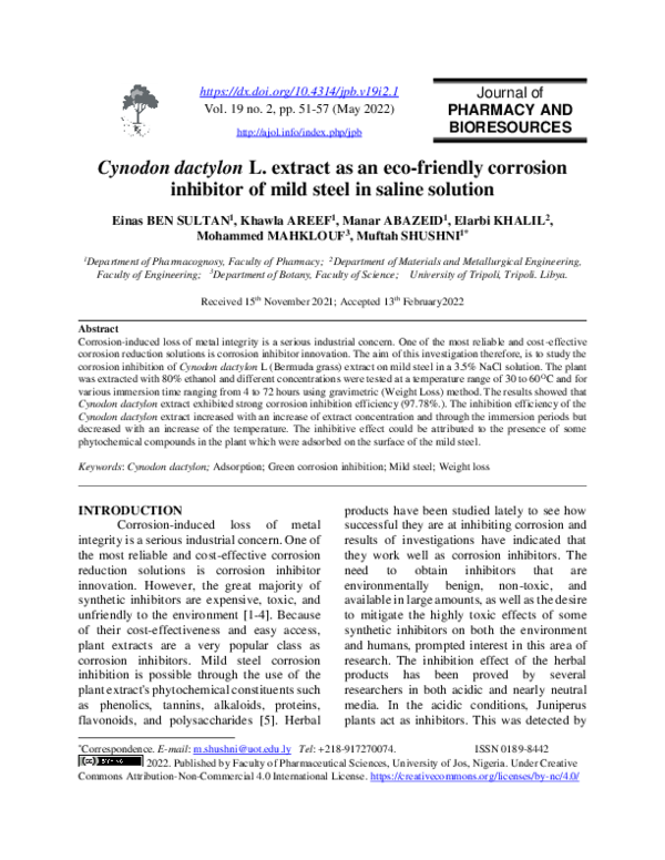 (PDF) Cynodon dactylon L. extract as an eco-friendly corrosion ...