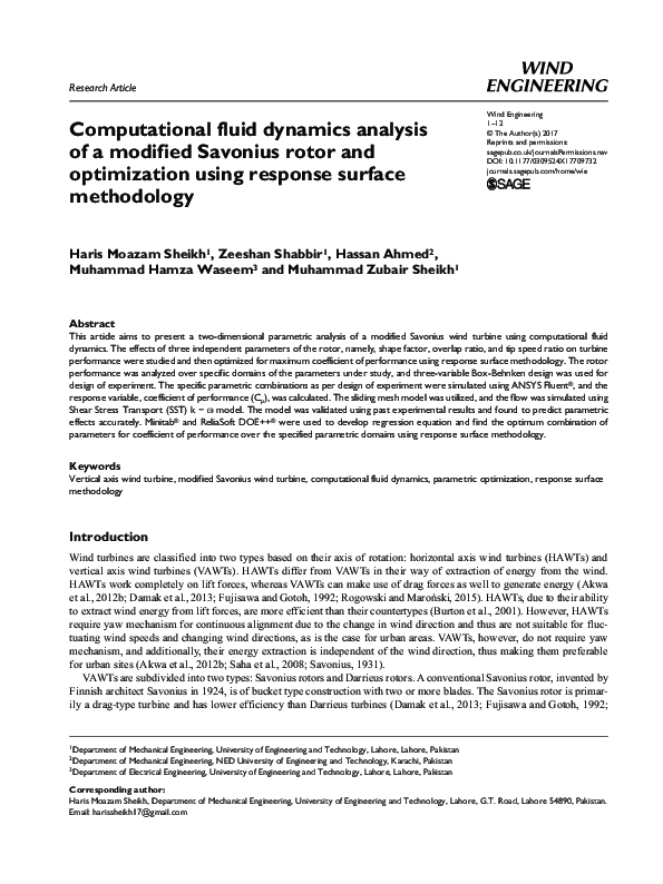 (PDF) Computational fluid dynamics analysis of a modified Savonius rotor and optimization using ...