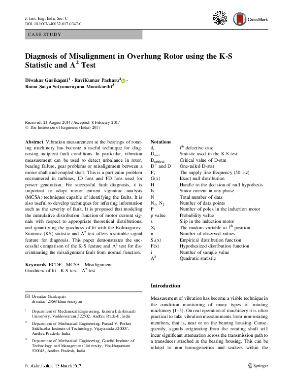 (PDF) Diagnosis of Misalignment in Overhung Rotor using the K-S ...