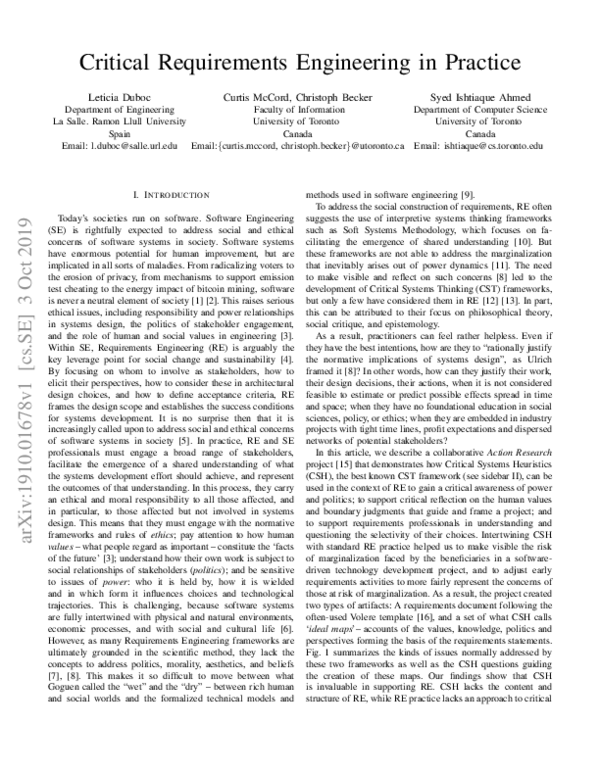 (PDF) Critical Requirements Engineering in Practice | Miguel Angel De ...