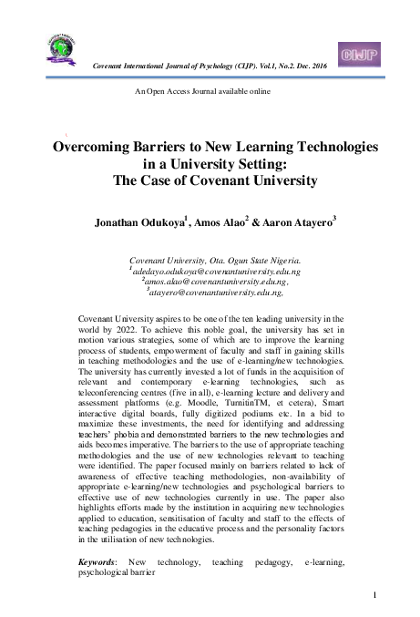 (PDF) Overcoming Barriers to New Learning Technologies in a University ...