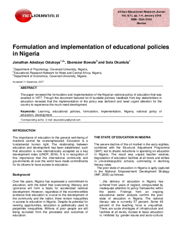 (PDF) Formulation and implementation of educational policies in Nigeria