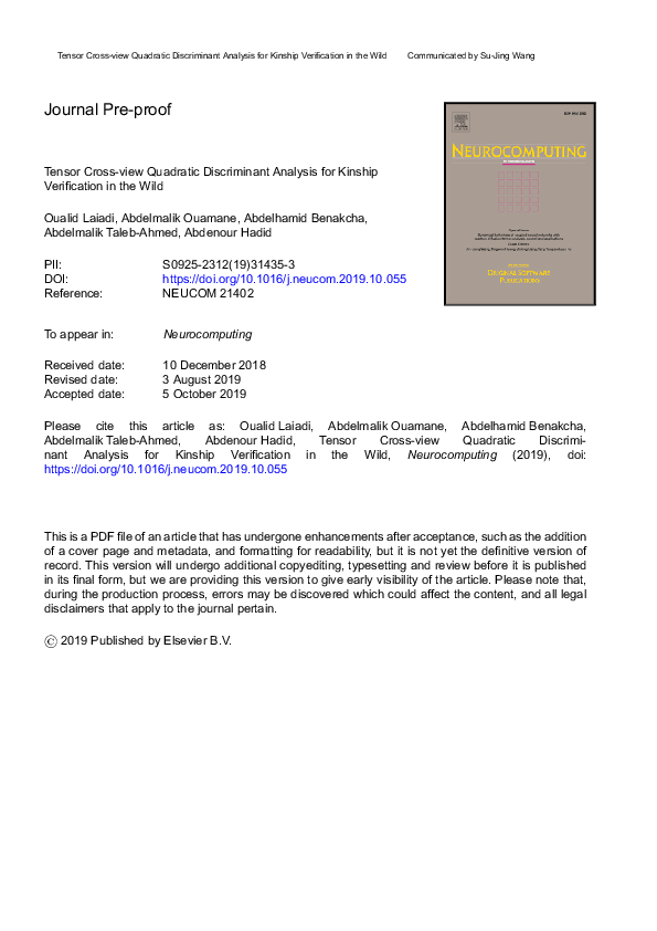 Pdf Tensor Cross View Quadratic Discriminant Analysis For Kinship