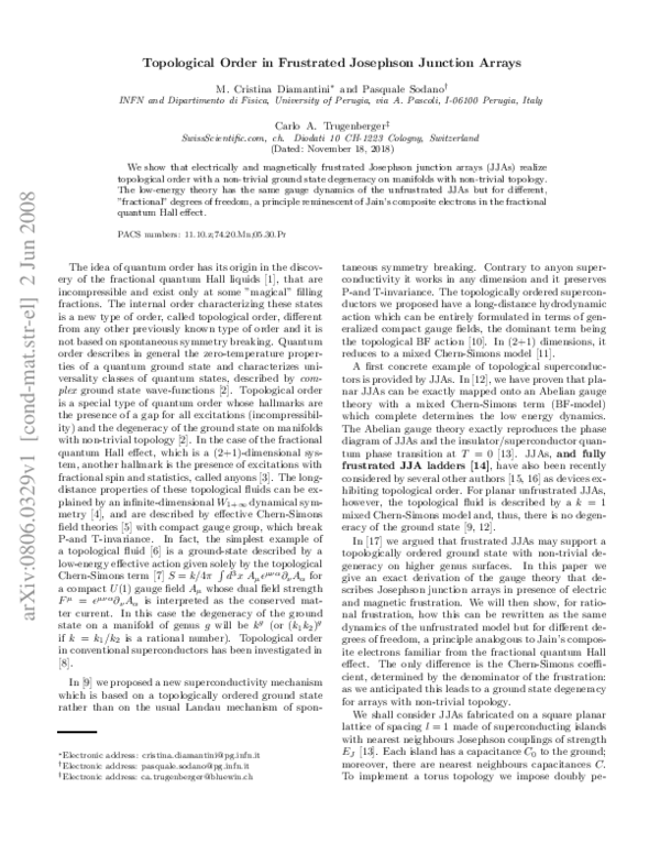 (PDF) Topological order in frustrated Josephson junction arrays | Pasquale Sodano - Academia.edu