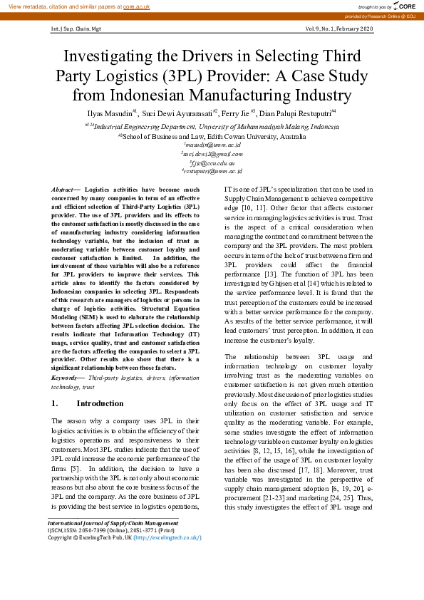 (PDF) Investigating The Drivers In Selecting Third Party Logistics (3PL ...