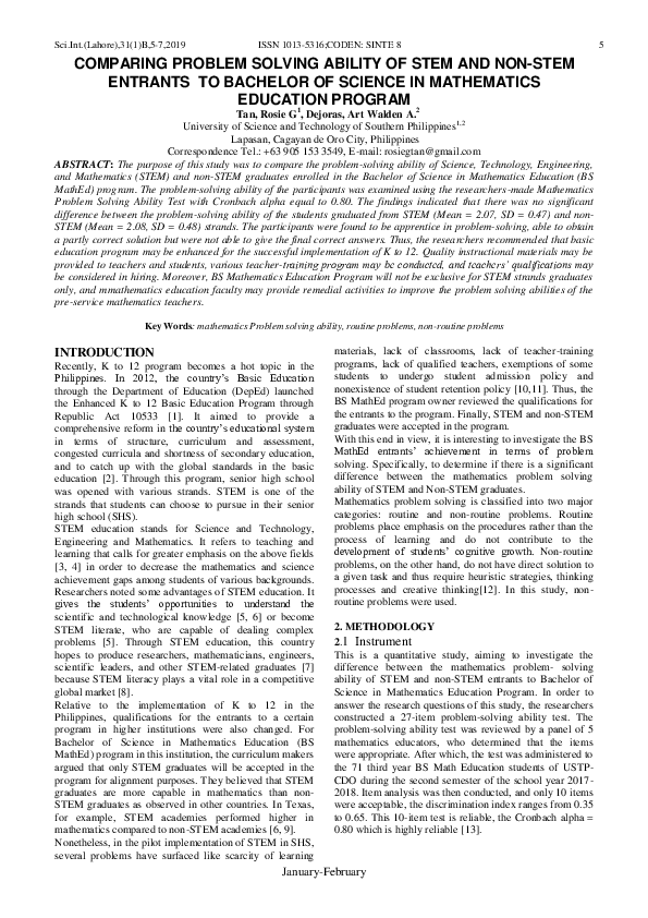 (PDF) COMPARING PROBLEM SOLVING ABILITY OF STEM AND NON-STEM ENTRANTS ...