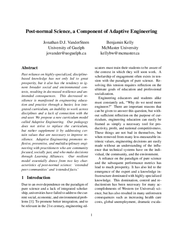 Post-normal Science, a Component of Adaptive Engineering