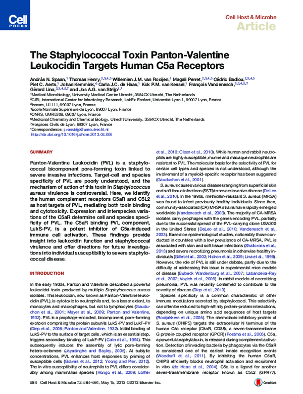(PDF) The Staphylococcal Toxin Panton-Valentine Leukocidin Targets Human C5a Receptors | Piet ...