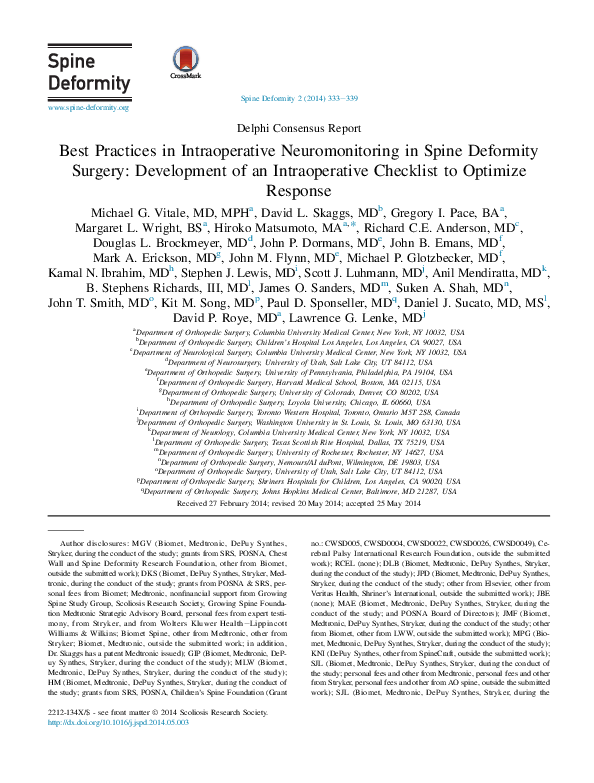 Best Practices In Intraoperative Neuromonitoring In Spine Deformity Surgery Development Of An