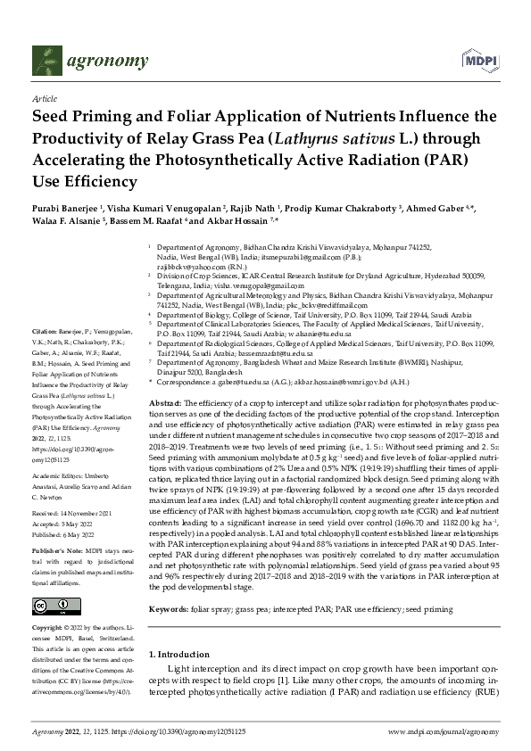 Pdf Seed Priming And Foliar Application Of Nutrients Influence The
