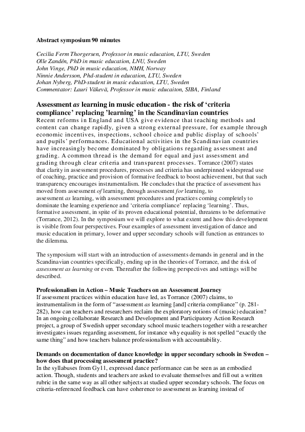 (PDF) Assessment as learning in music education: The risk of "criteria compliance" replacing ...