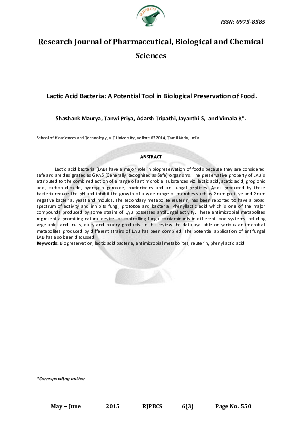 (PDF) Lactic Acid Bacteria: A Potential Tool in Biological Preservation of Food