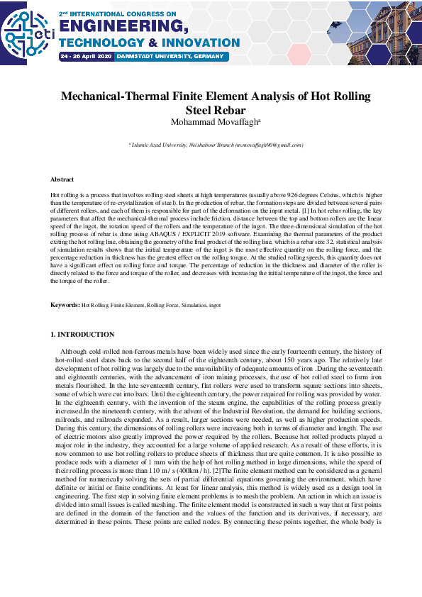 (PDF) Mechanical-Thermal Finite Element Analysis of Hot Rolling Steel Rebar