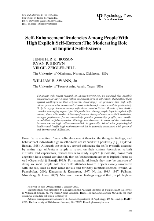 (PDF) Self-Enhancement Tendencies Among People With High Explicit Self-Esteem: The Moderating ...