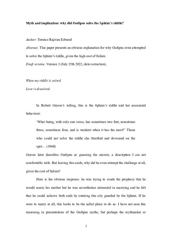 (PDF) Myth and implication: why did Oedipus solve the Sphinx's riddle