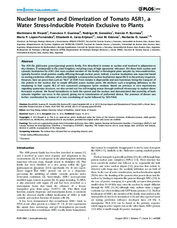 (PDF) Nuclear Import and Dimerization of Tomato ASR1, a Water Stress ...