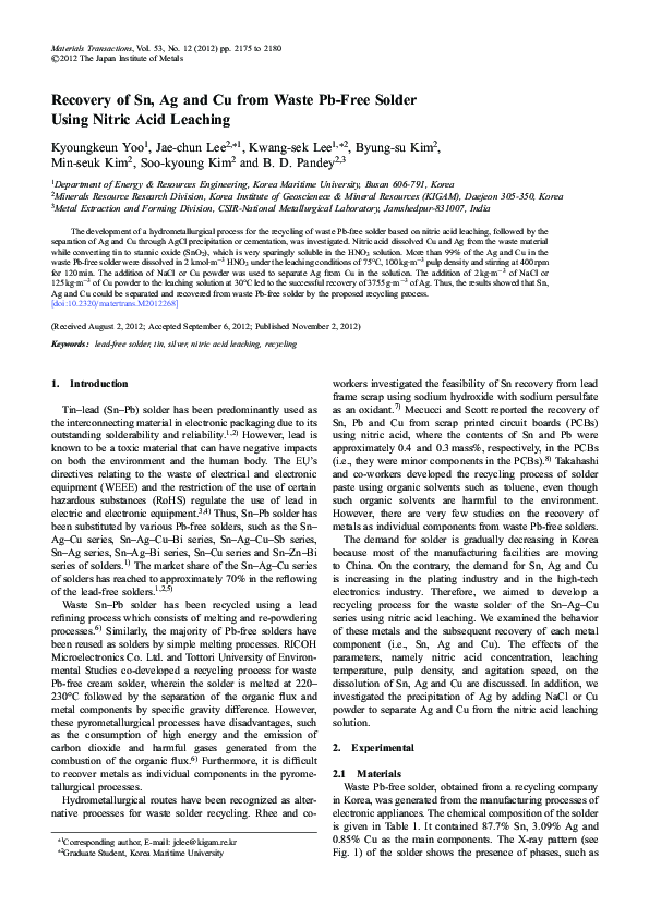 (PDF) Recovery of Sn, Ag and Cu from Waste Pb-Free Solder Using Nitric ...