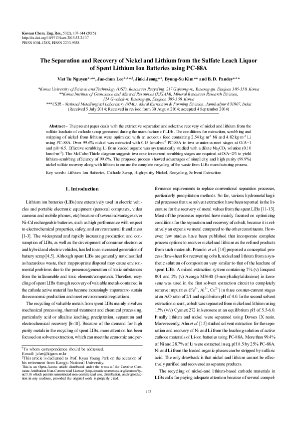 Pdf The Separation And Recovery Of Nickel And Lithium From The Sulfate Leach Liquor Of Spent