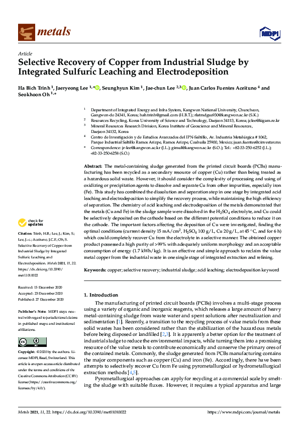(PDF) Selective Recovery of Copper from Industrial Sludge by Integrated ...