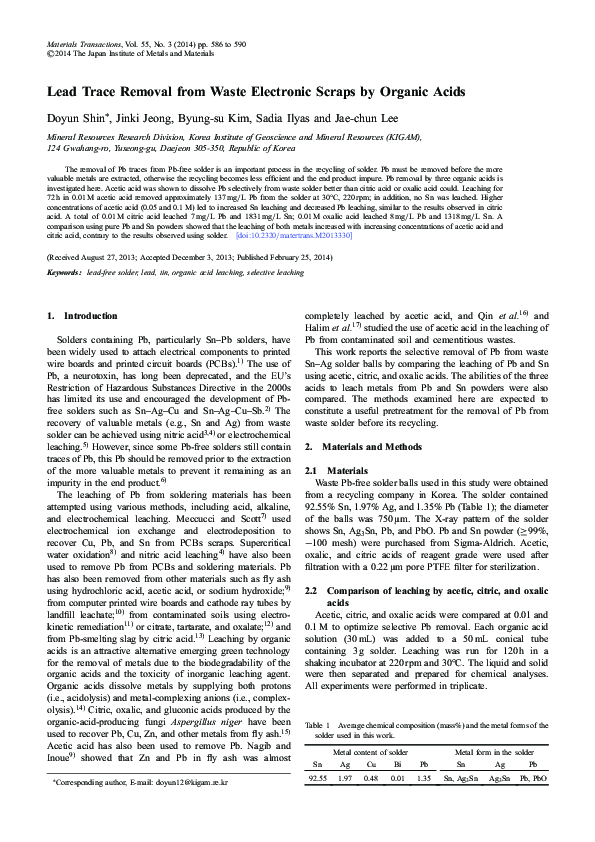 (PDF) Lead Trace Removal from Waste Electronic Scraps by Organic Acids