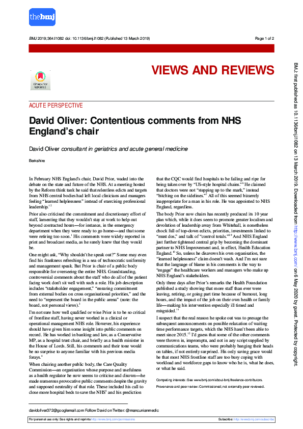 (PDF) David Oliver: Contentious comments from NHS England’s chair