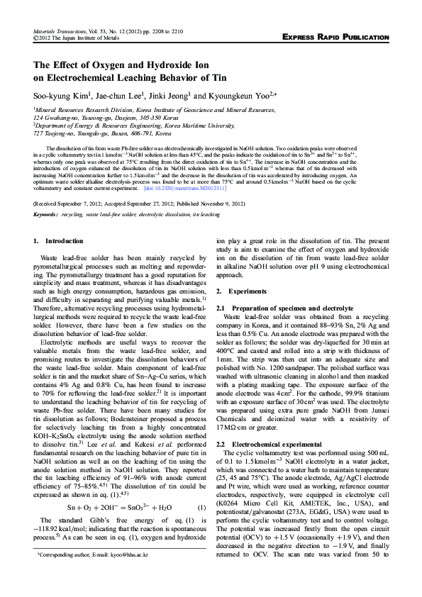 (PDF) The Effect of Oxygen and Hydroxide Ion on Electrochemical Leaching Behavior of Tin