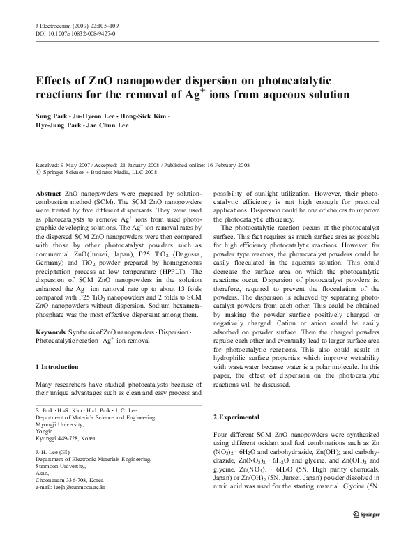 (PDF) Effects of ZnO nanopowder dispersion on photocatalytic reactions for the removal of Ag+ ...