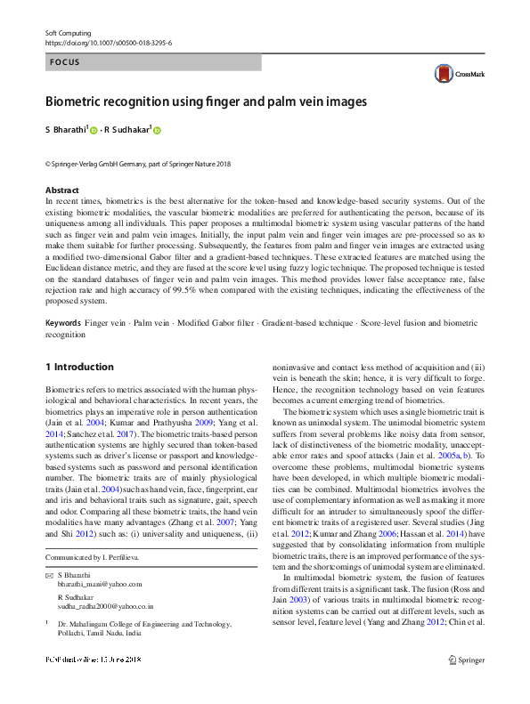 Pdf Biometric Recognition Using Finger And Palm Vein Images
