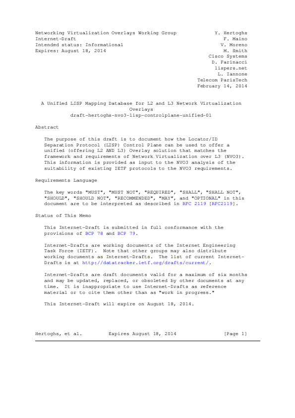 (PDF) A Unified LISP Mapping Database for L2 and L3 Network Virtualization Overlays