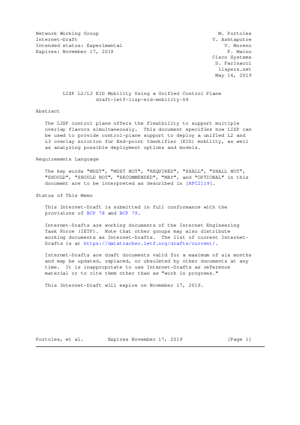 (PDF) LISP L2/L3 EID Mobility Using a Unified Control Plane | Dino Farinacci - Academia.edu