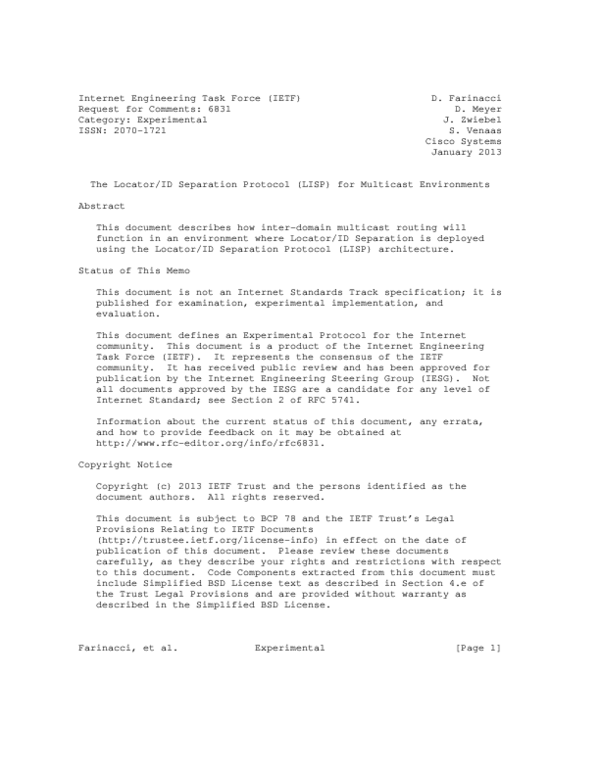 (PDF) The Locator/ID Separation Protocol (LISP) for Multicast Environments