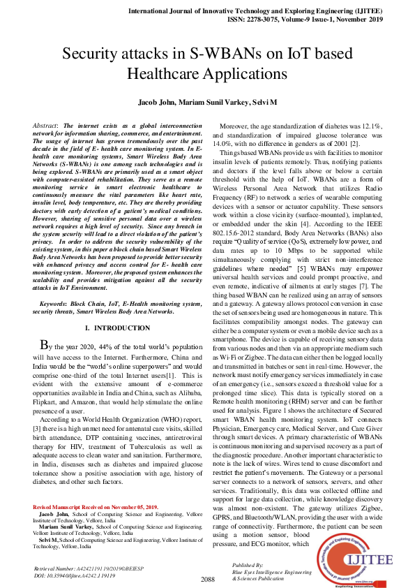 Pdf Security Attacks In S Wbans On Iot Based Healthcare Applications