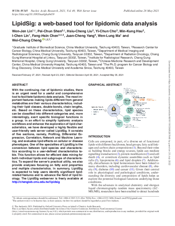 (PDF) LipidSig: a web-based tool for lipidomic data analysis