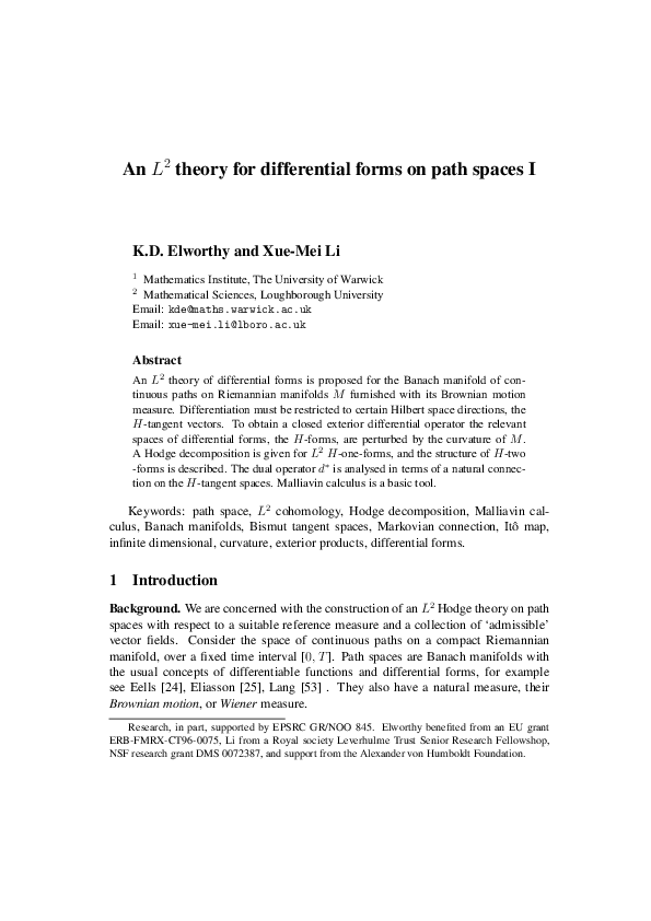 (PDF) An L2 theory for differential forms on path spaces I