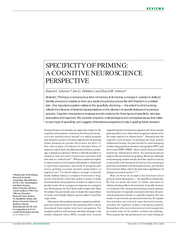 (PDF) Specificity of priming: a cognitive neuroscience perspective