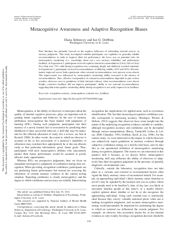 Pdf Metacognitive Awareness And Adaptive Recognition Biases