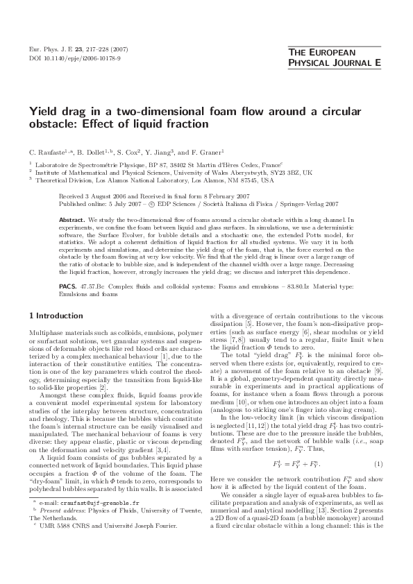 (PDF) Yield drag in a two-dimensional foam flow around a circular obstacle: Effect of liquid ...
