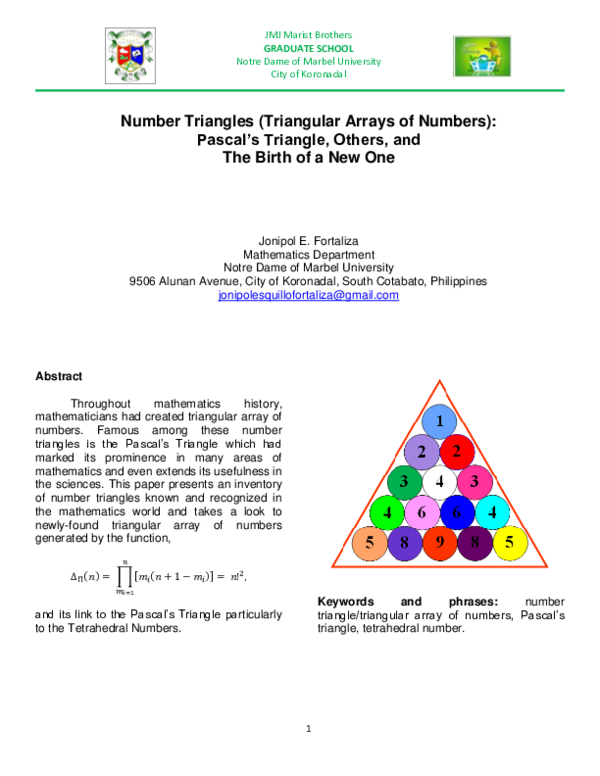 (PDF) Number Triangles (Triangular Arrays of Numbers): Pascal's Triangle, Others, and The Birth ...